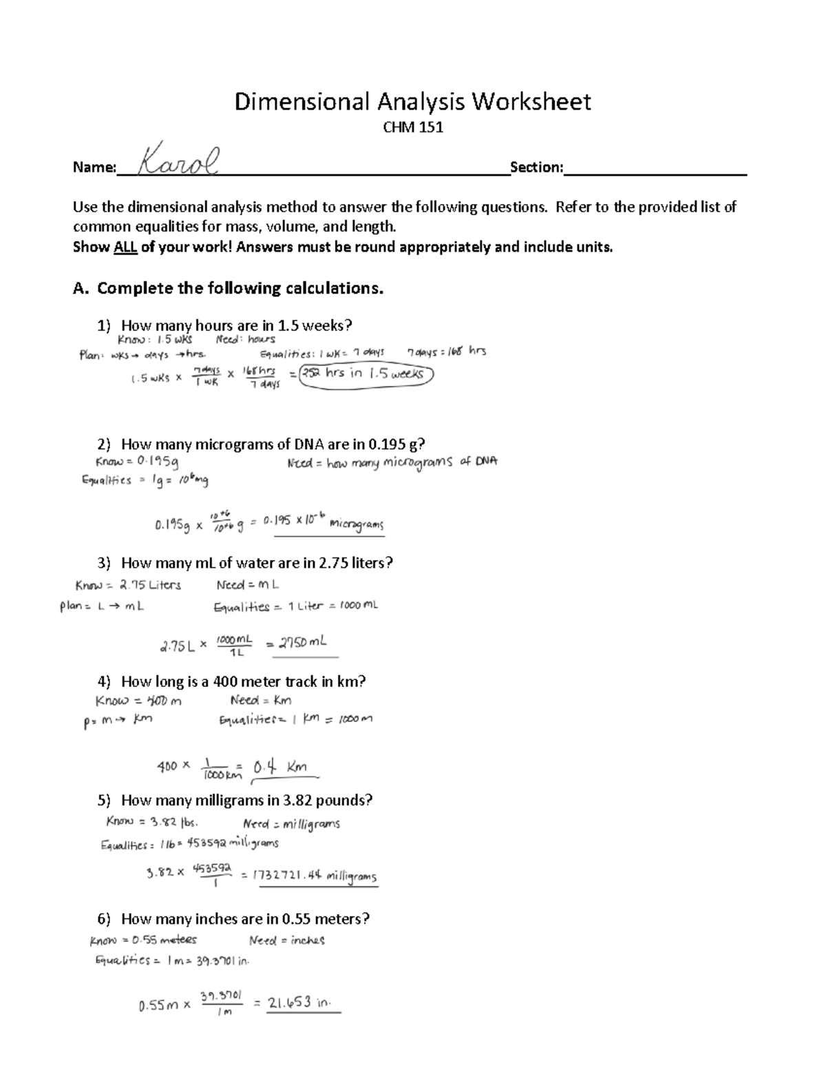 Dimensional Analysis Worksheet - Refer to the provided list of common ...