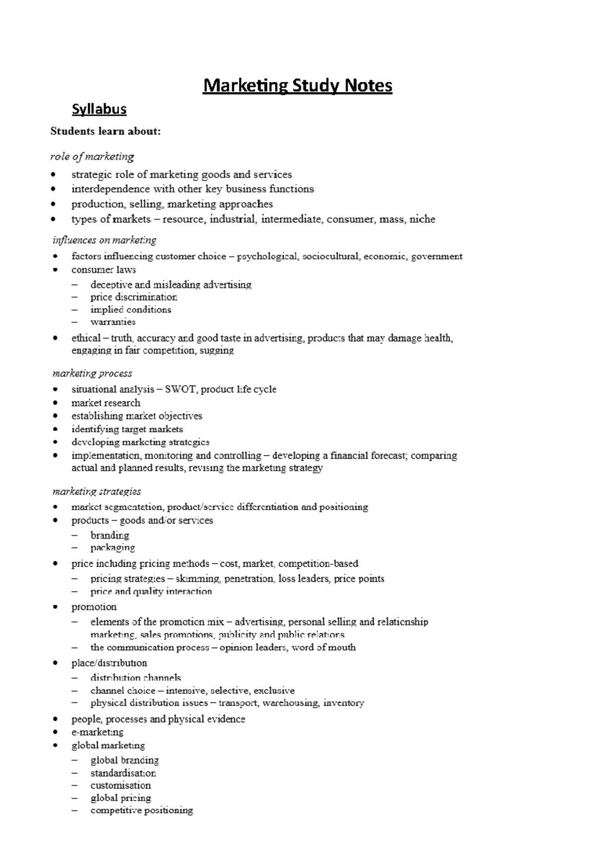 Marketing Study Notes - Marketing Study Notes Syllabus Role of ...