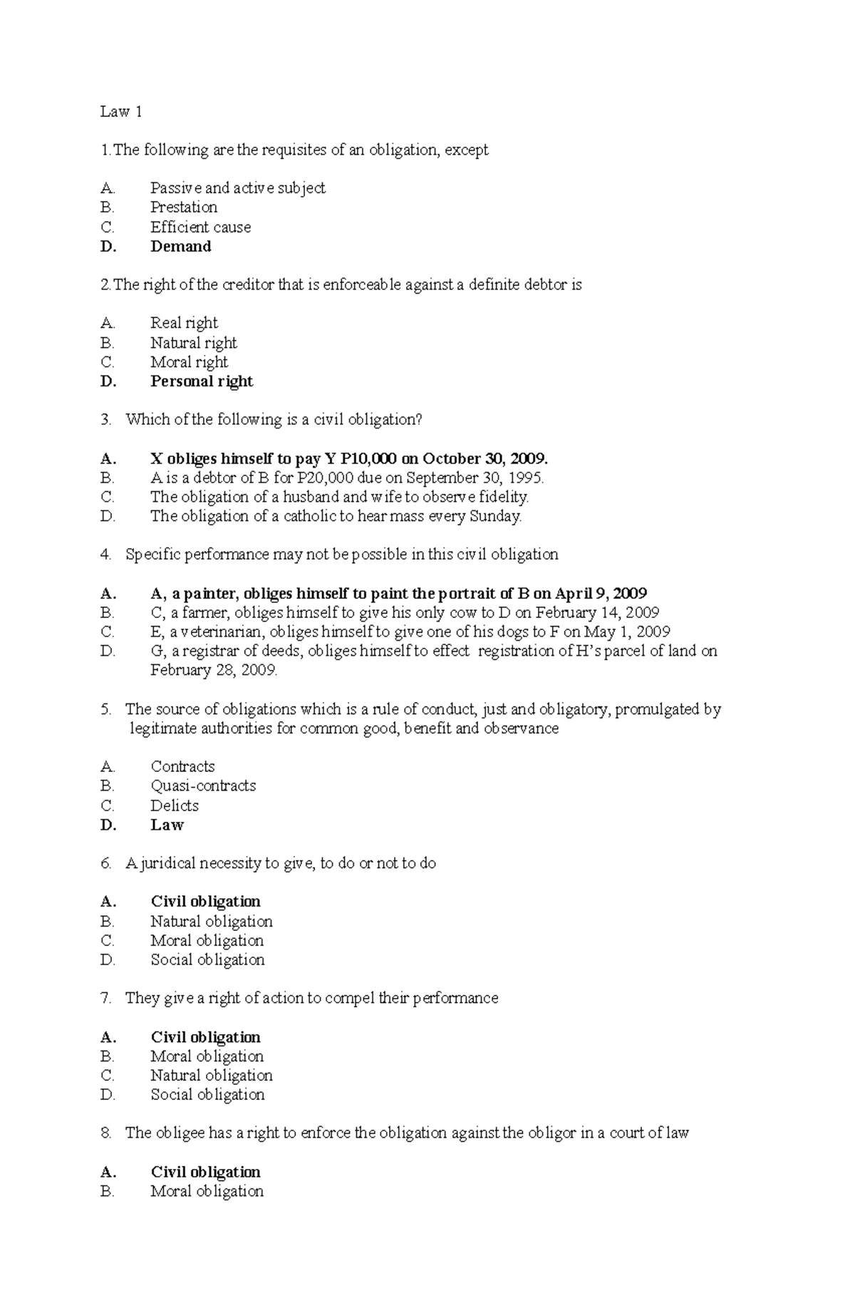 Oblicon testbank - test bank - Law 1 1 following are the requisites of ...