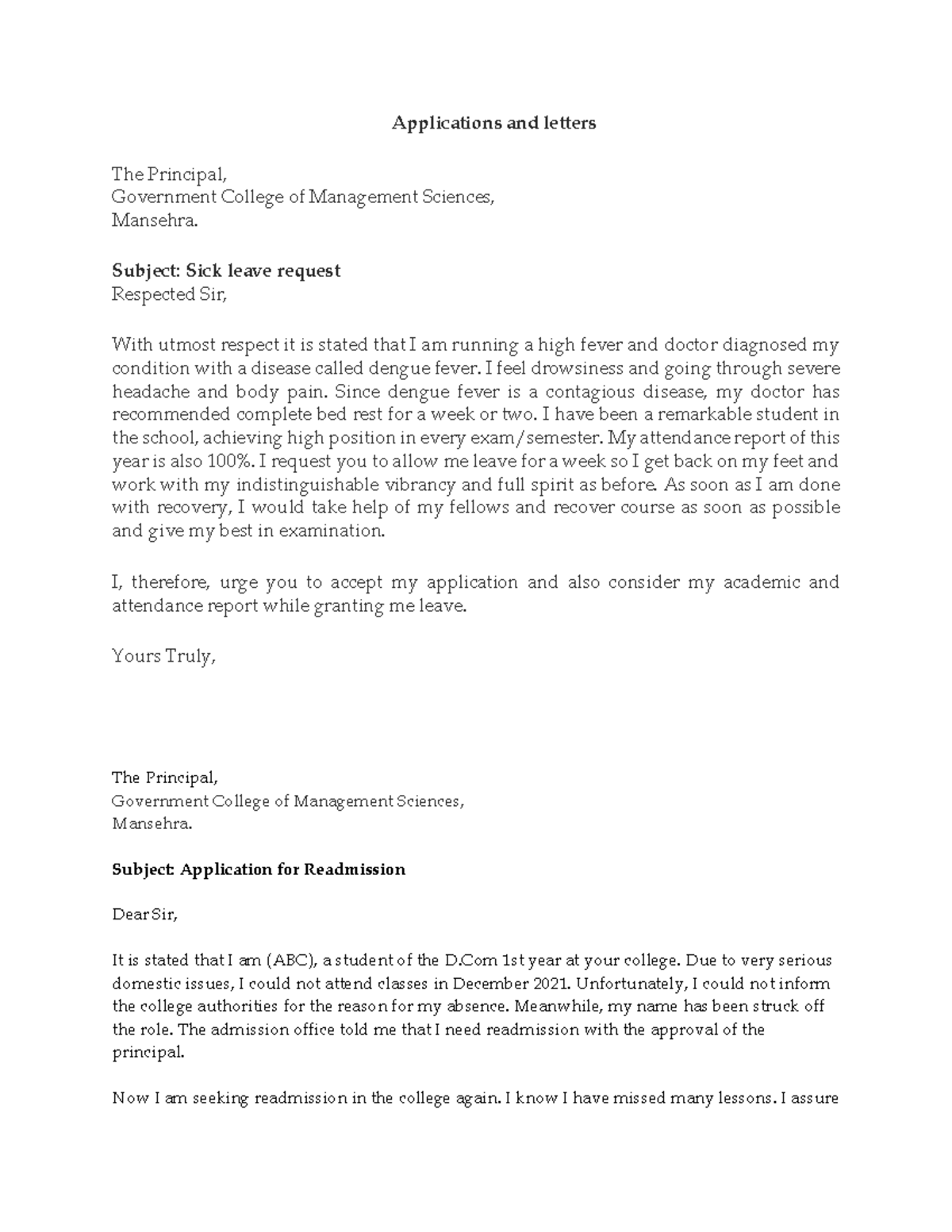 Applications and letters - Subject: Sick leave request Respected Sir ...