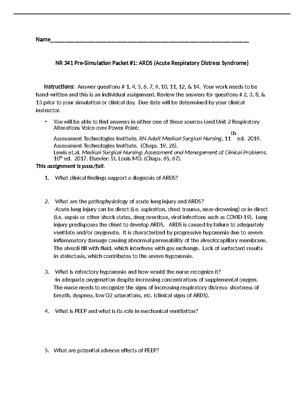 ARDS Pre Sim Student May 21 - - Studocu