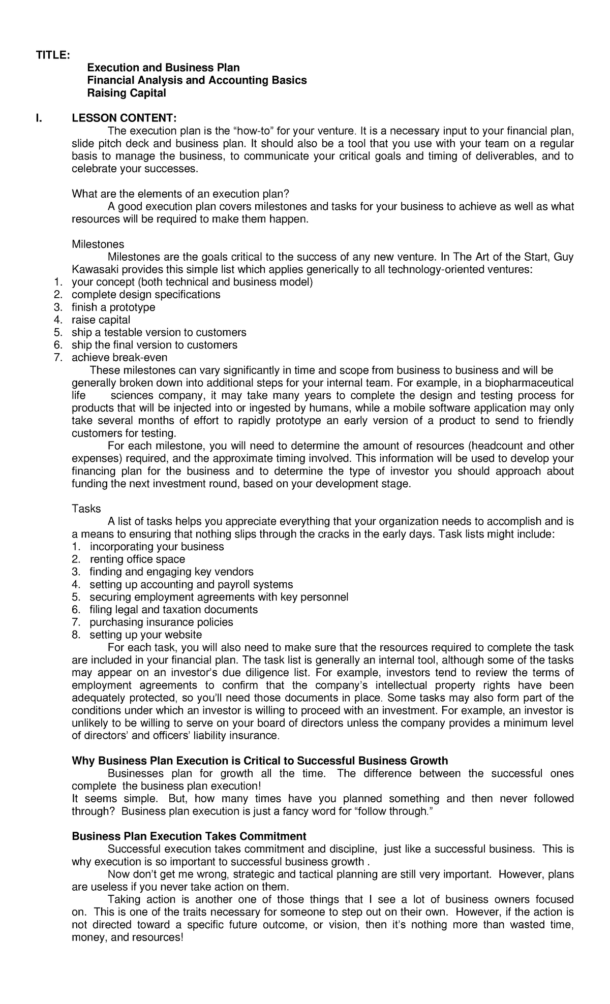 Execution and Business Plan - TITLE: Execution and Business Plan ...