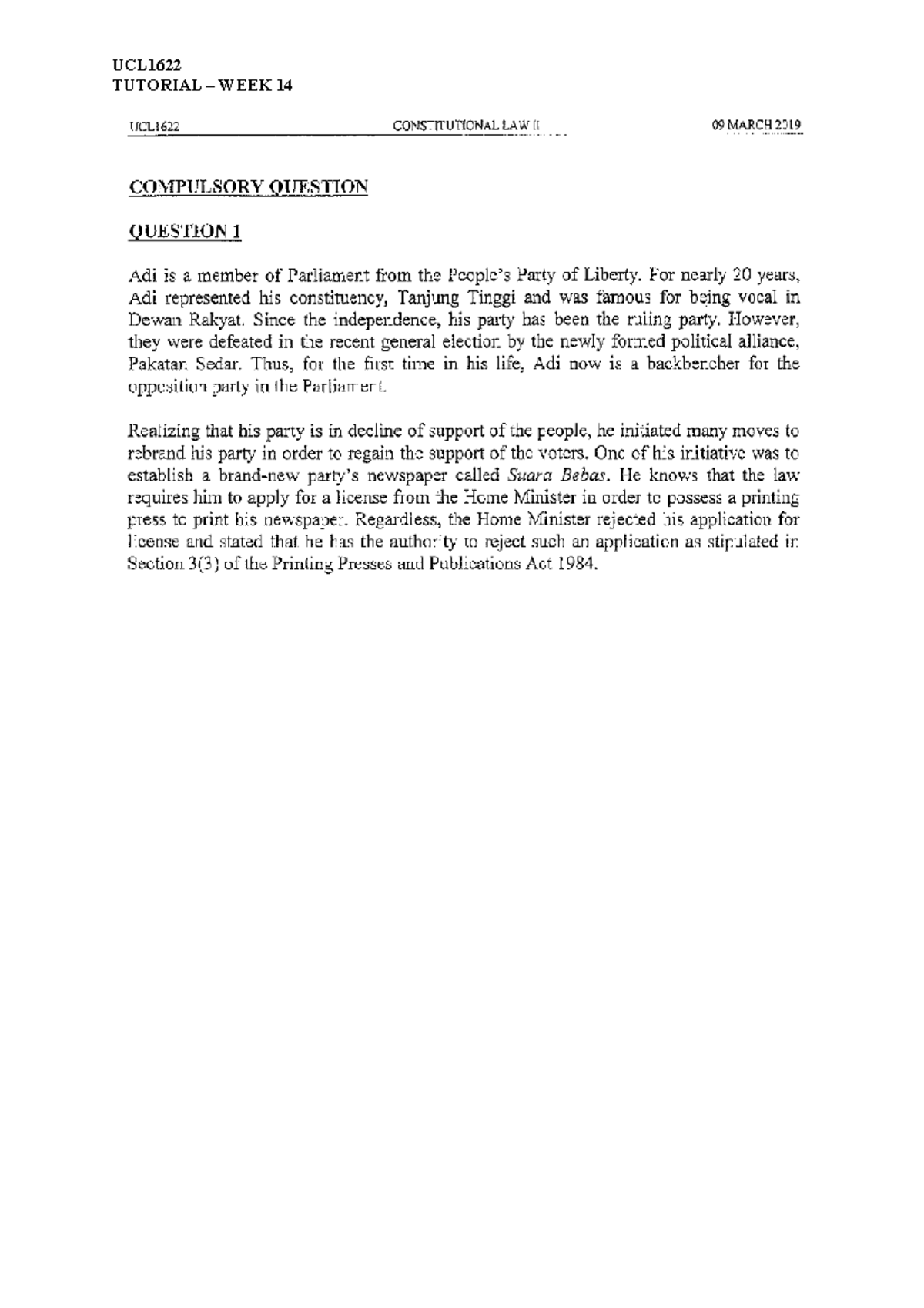 Week 14 Past Year Exam Q - question only - Constitutional Law II - UCL ...