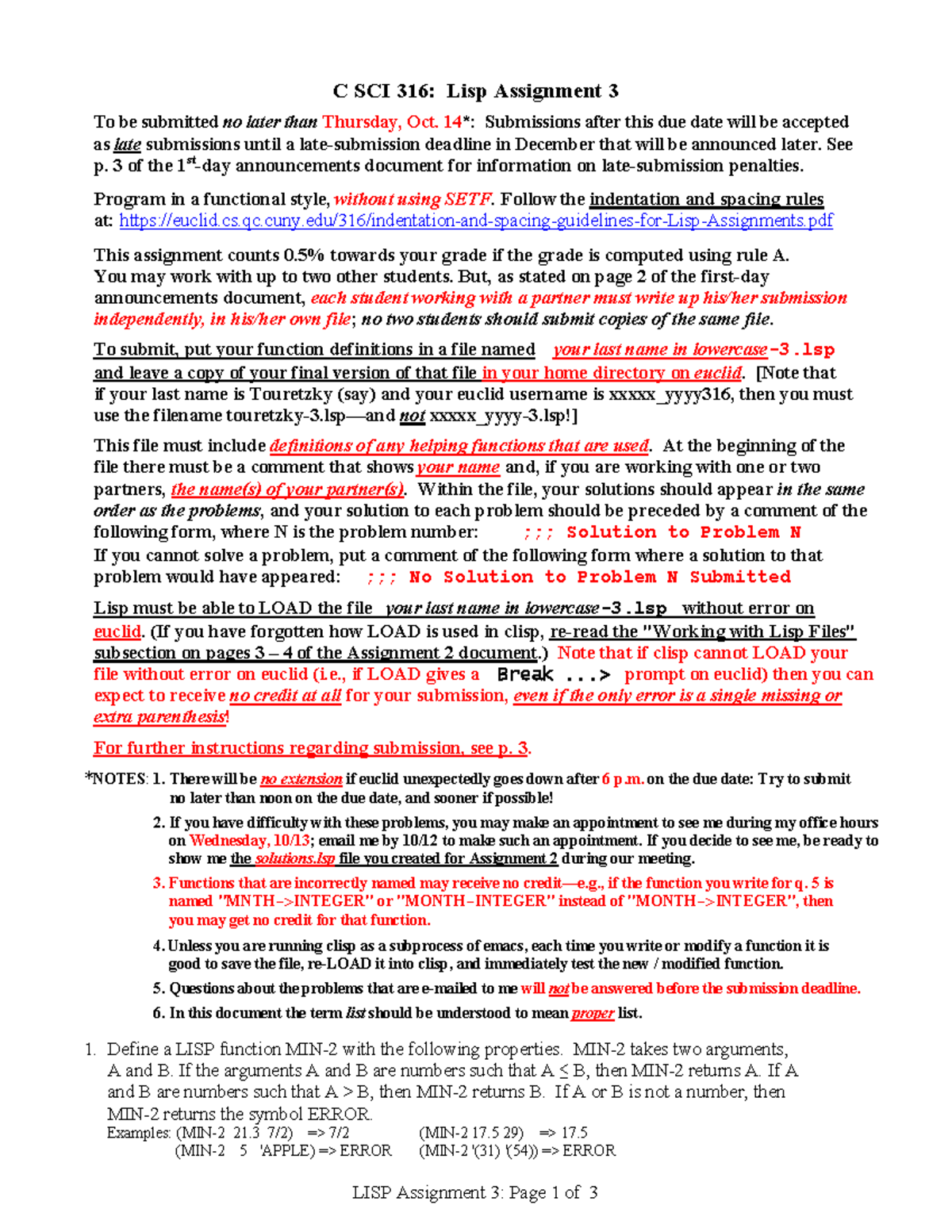 CS316 Kong LISP Assignment 3 Instructions - LISP Assignment 3: Page 1 of 3 C SCI 316: Lisp - Studocu