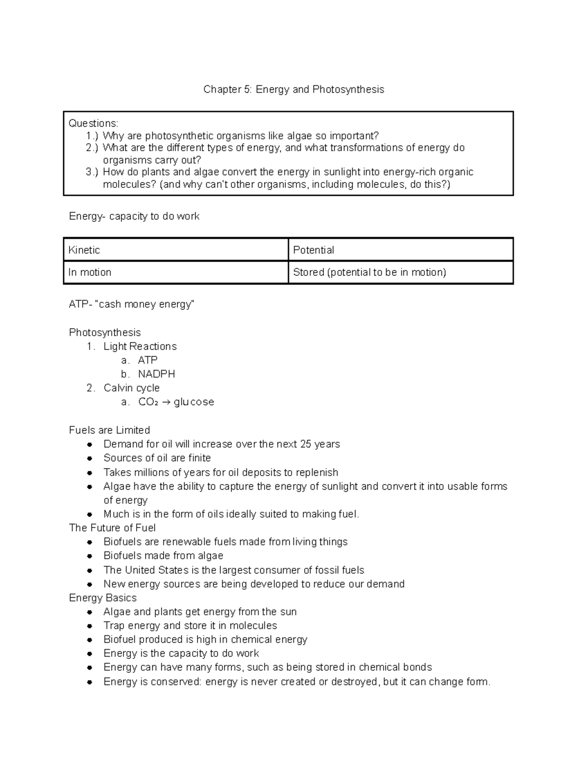 BIO- Chapter 5 Energy and Photosynthesis - Chapter 5: Energy and ...