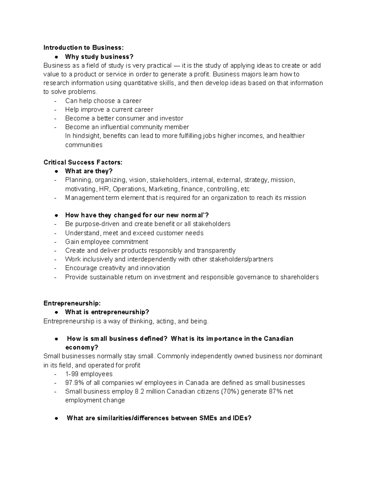 ENTR100 Midterm Study Guide - Introduction to Business: Why study ...
