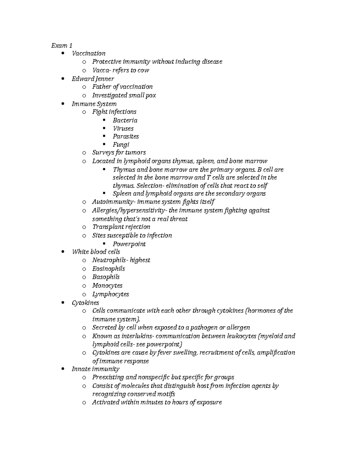 Immunology Exam 1 - Innate Immune System Notes - Exam 1 Vaccination o ...