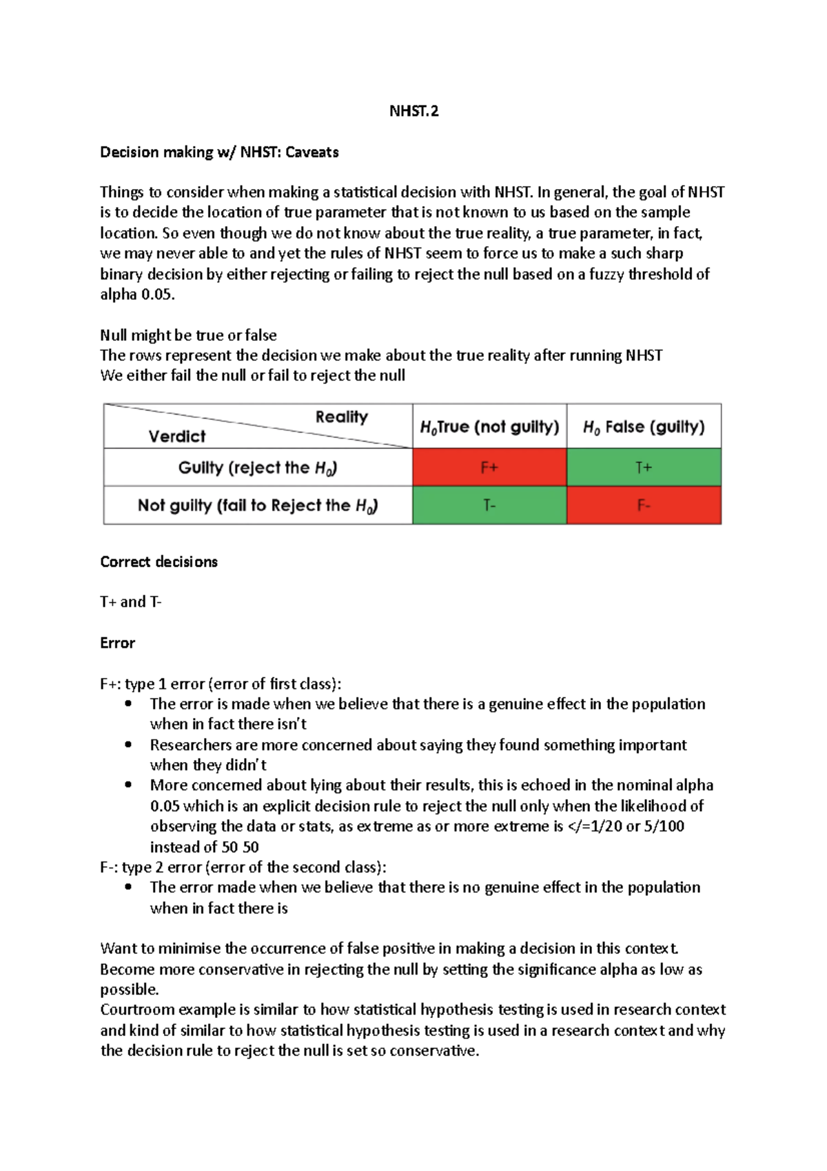 NHST.docx - simon notes - NHST. Decision making w/ NHST: Caveats Things ...