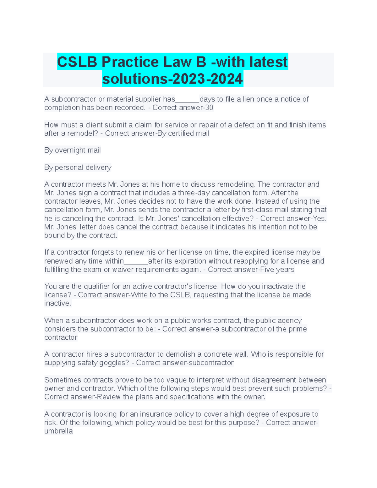 CSLB Practice Law B -with 100% verified solutions-2023-2024 - A ...