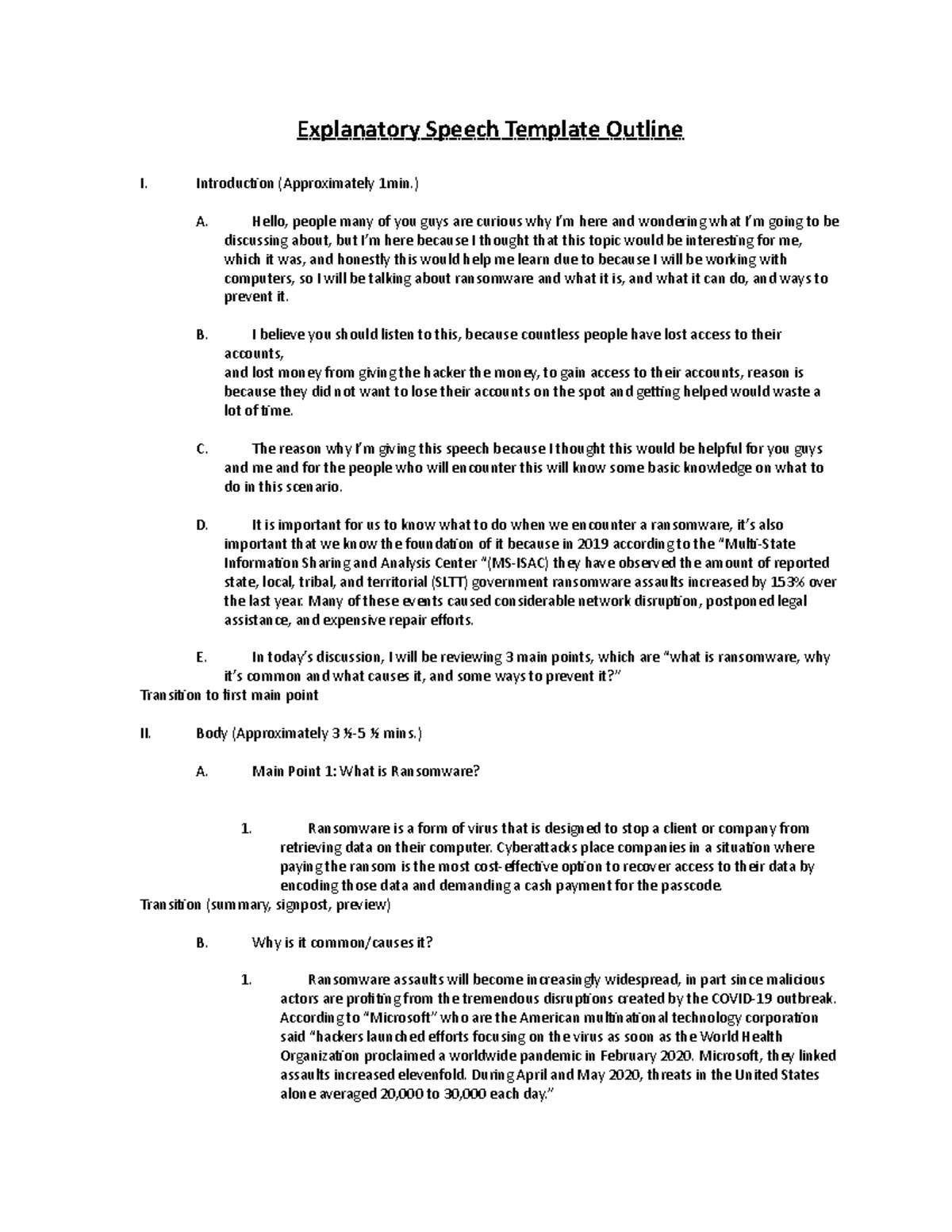Explanatory Speech Template Outline Changes - Explanatory Speech ...