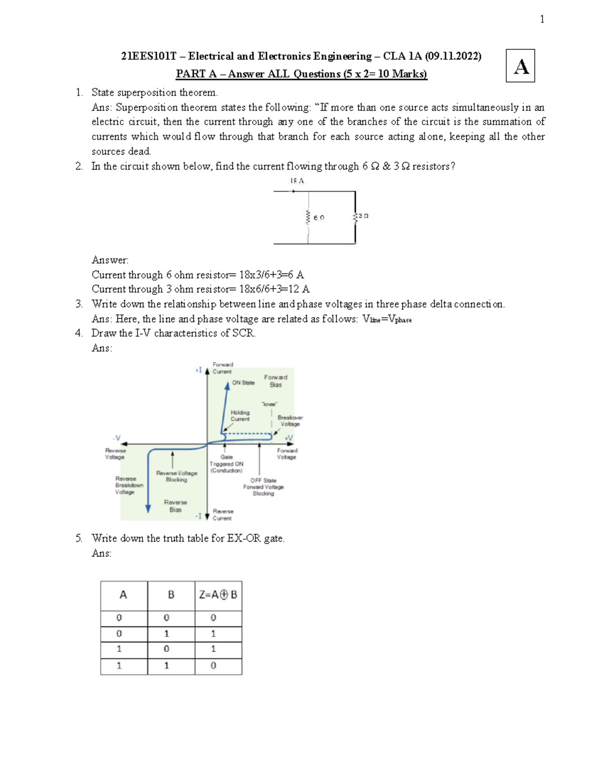 SET A- Answer KEY - Previous Ct papers for practice - 21EES101T ...
