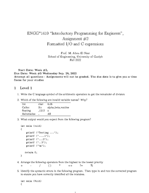 Assignment 6-F22 - ENGG*1410 “Introductory Programming for Engineers”, Assignment Arrays Prof. M ...