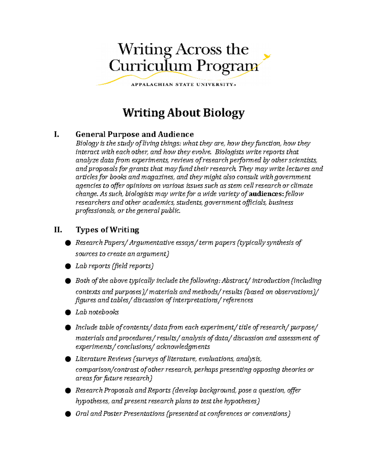 Writing About Biology - notes - Writing About Biology I. General ...