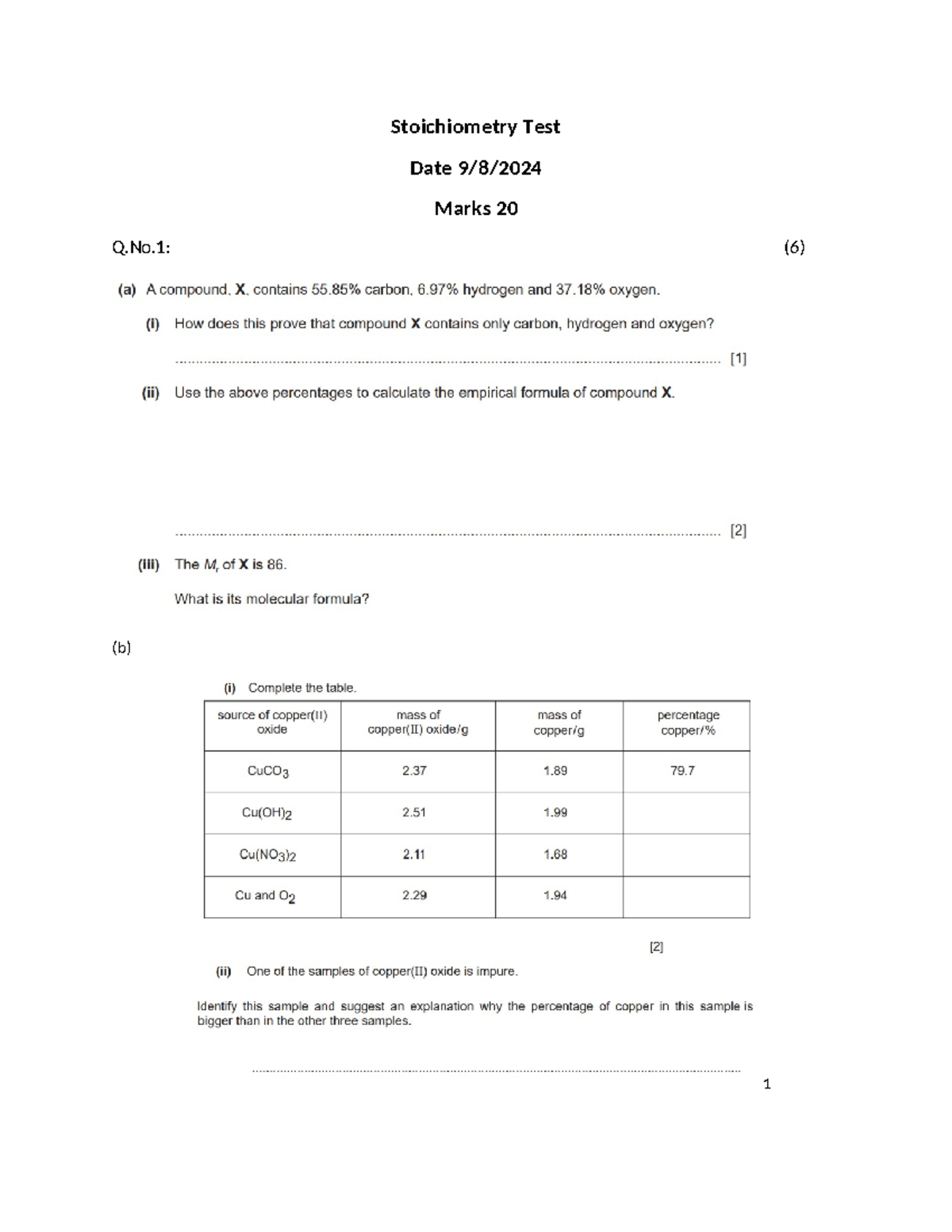 Stoichiometry test 2 - Practice test based on IGCSE chemistry - Science ...