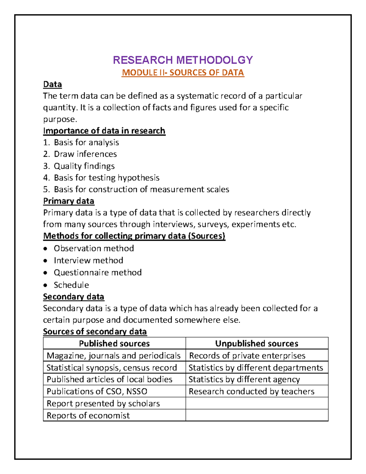 Research methodology- Module II- Sources of data - RESEARCH METHODOLGY ...