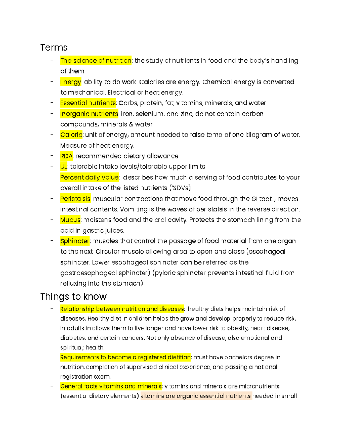 Nutrition Review - Terms The science of nutrition: the study of ...