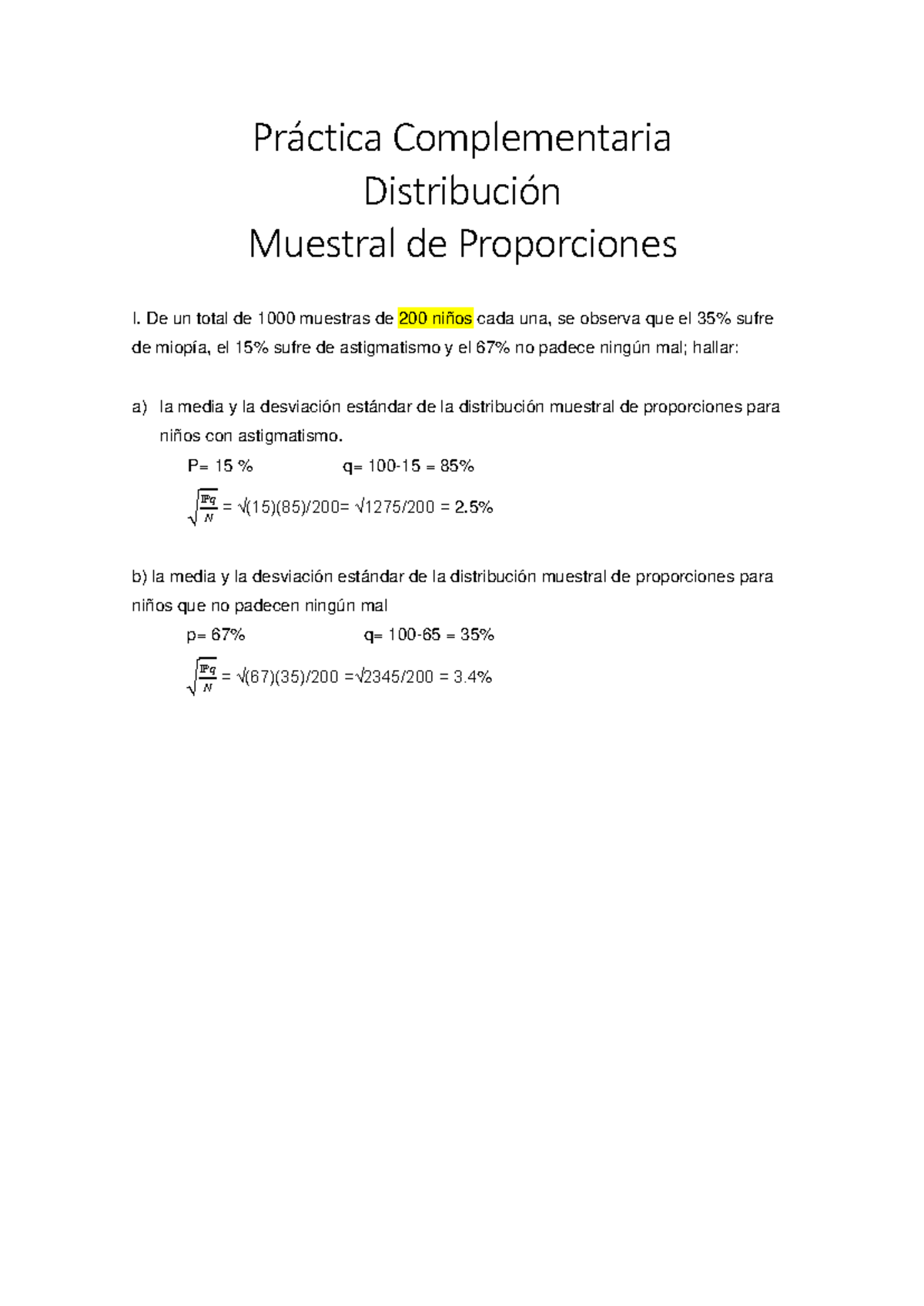 Distribución Muestral de Proporciones opcional - Práctica ...