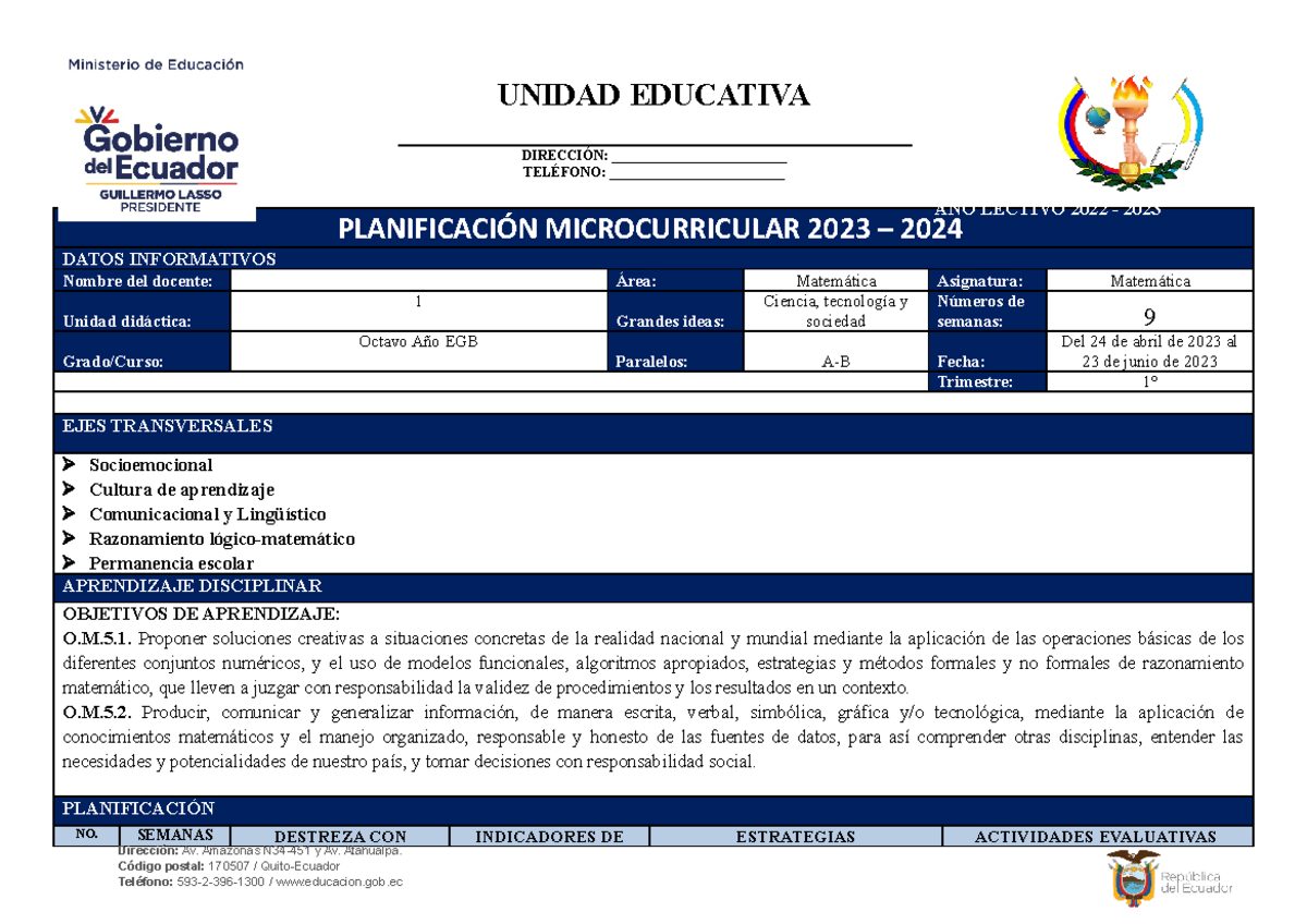 Planificación 9 semanas 8VO Matemática - UNIDAD EDUCATIVA