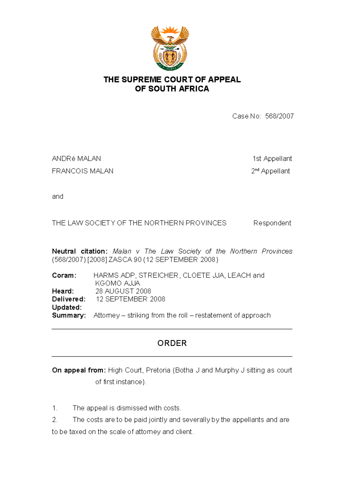 90 - Course work - THE SUPREME COURT OF APPEAL OF SOUTH AFRICA Case No ...