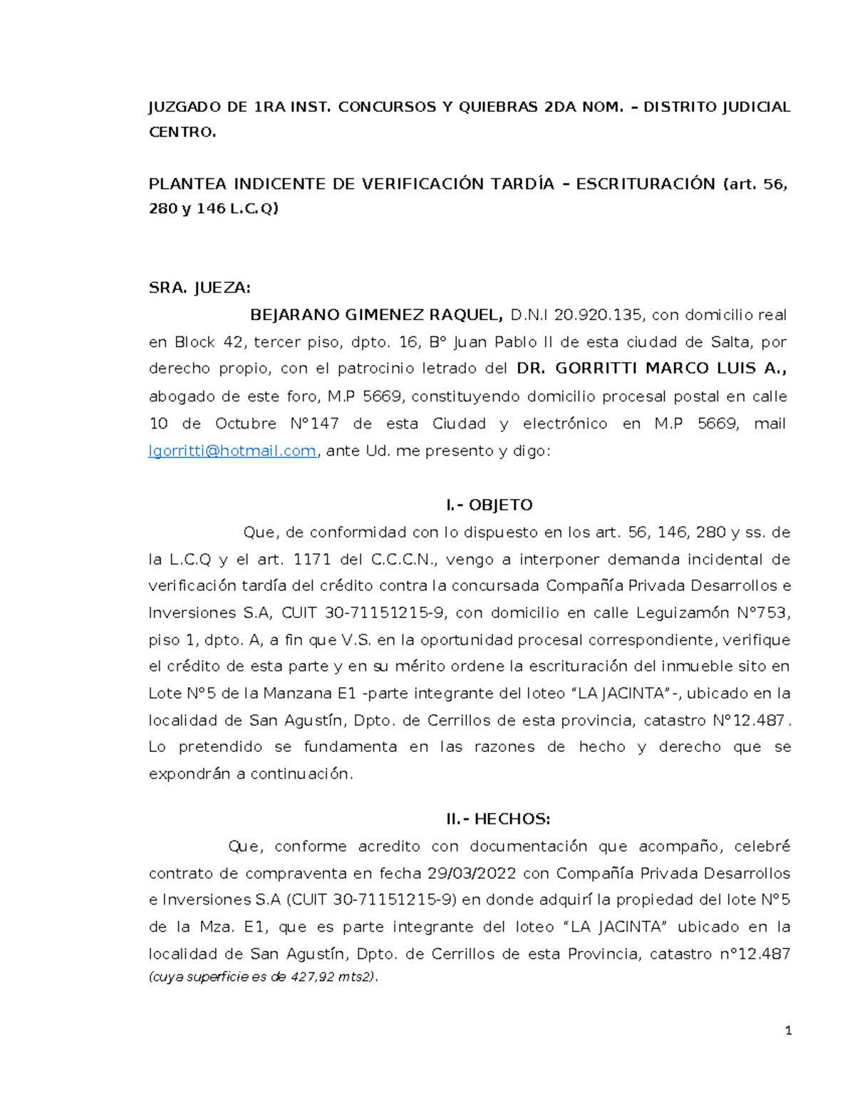 1. Incidente de Verificación Tardía - Bejarano Raquel - JUZGADO DE 1RA ...