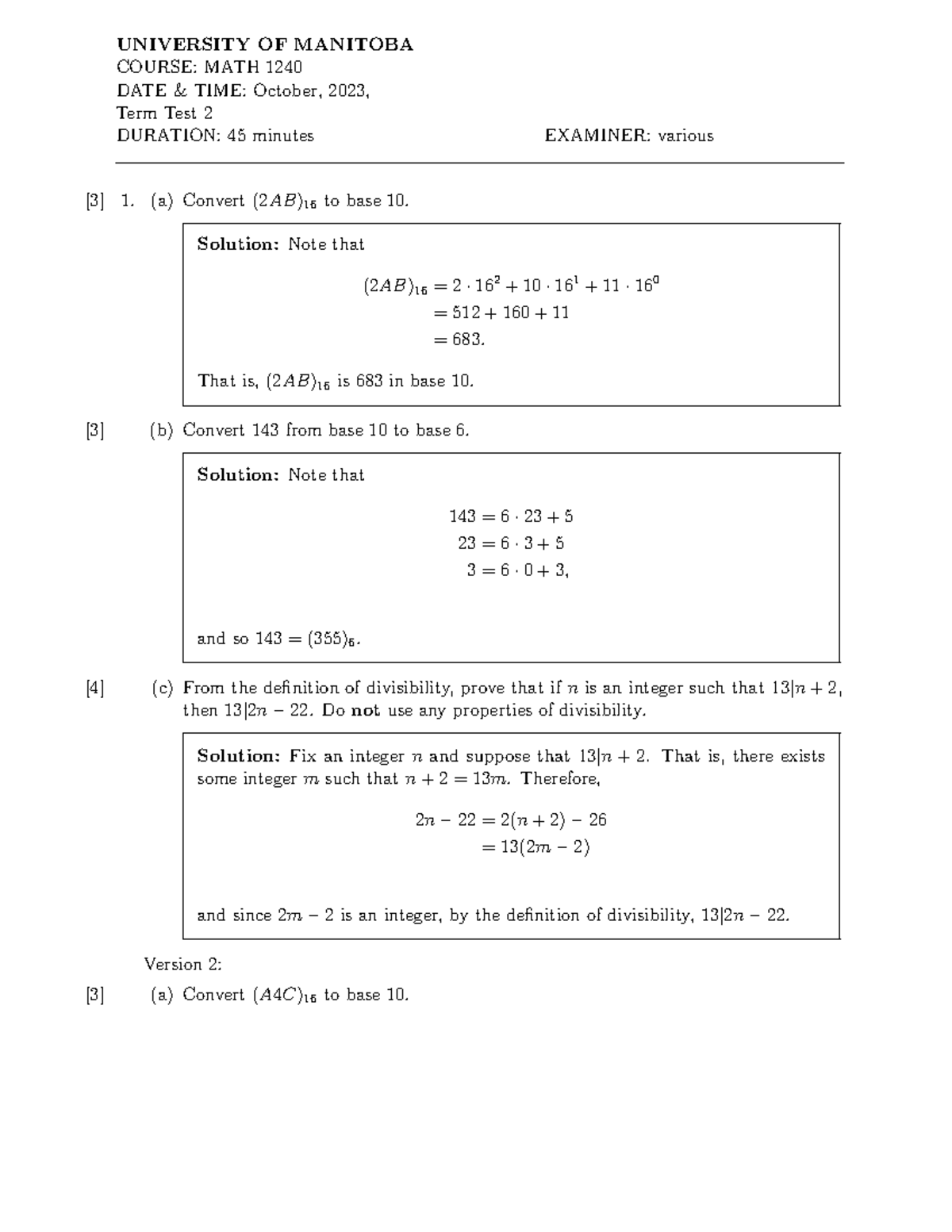 MATH1240F23Test2Keys(V2) - COURSE: MATH 1240 DATE & TIME: October, 2023 ...