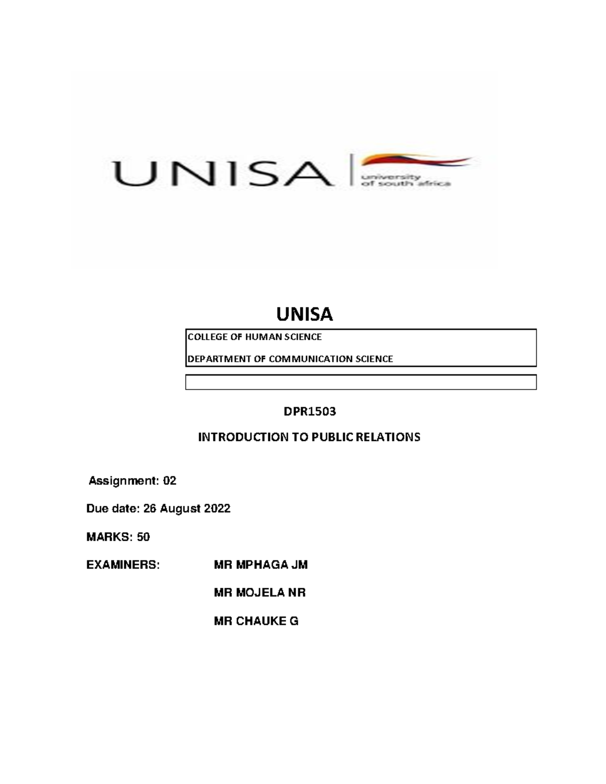 Assignment Two Questions - UNISA COLLEGE OF HUMAN SCIENCE DEPARTMENT OF ...