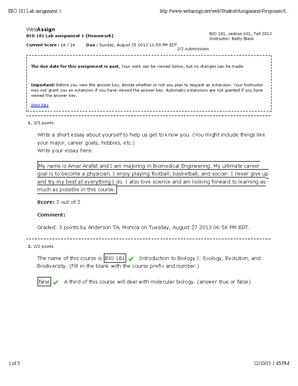 BIO 181 Lab assignment 1 - BIO 181 Lab assignment 1 webassign/web ...