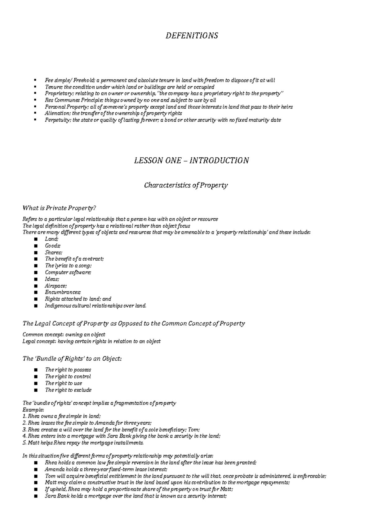 Real Property Law - Lesson One Summary + Relevant Textbook Extracts ...