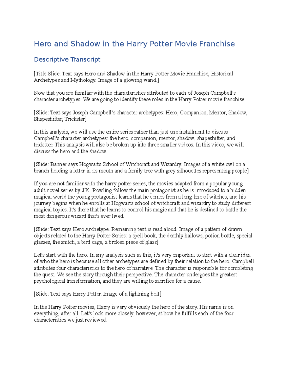 Harry Potter Heroand Shadow Archetypes Transcript - Hero and Shadow in ...