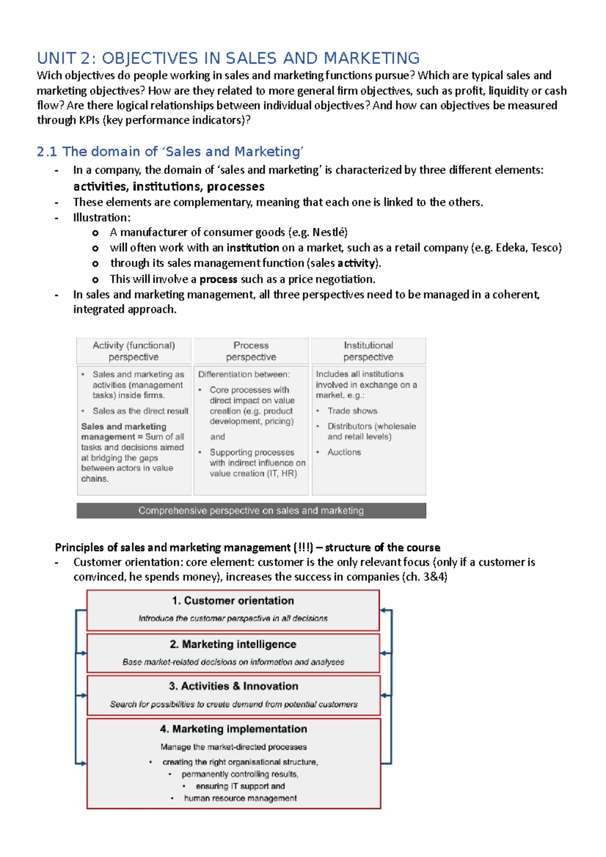 SMM Unit2 Zusammenfassung - UNIT 2: OBJECTIVES IN SALES AND MARKETING Wich objectives do people ...