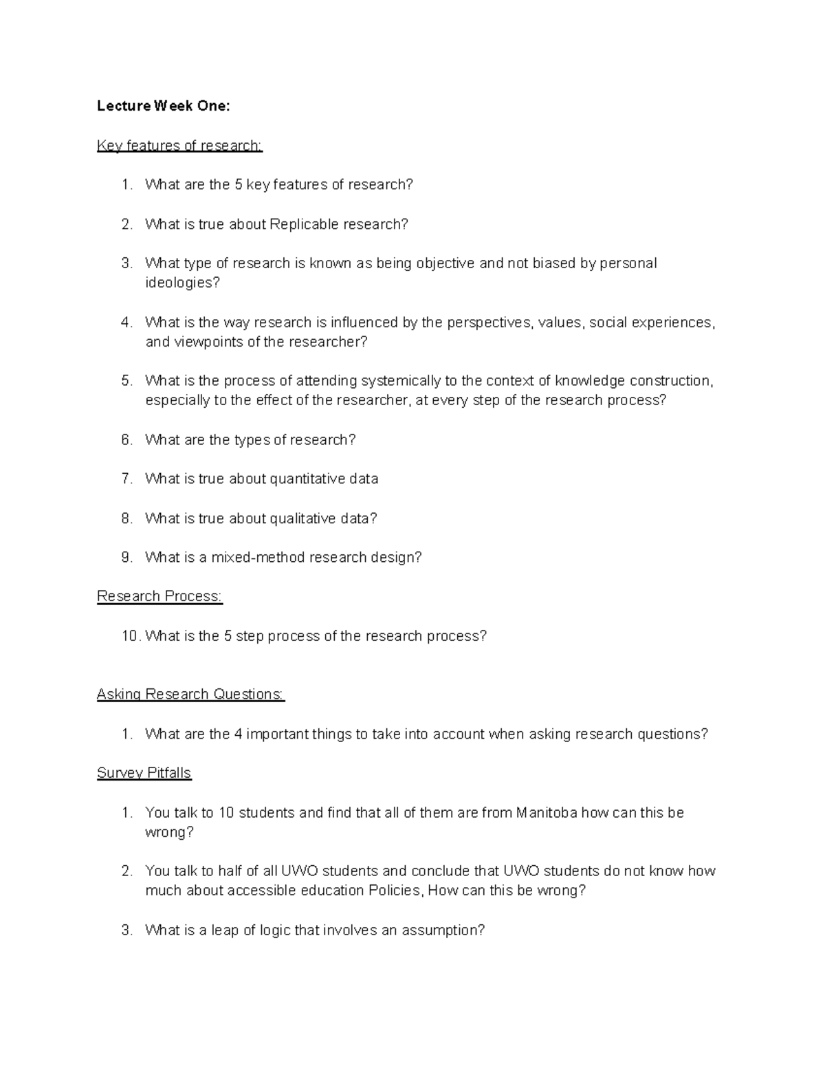 Week 1 Lecture readings - Lecture Week One: Key features of research: 1 ...