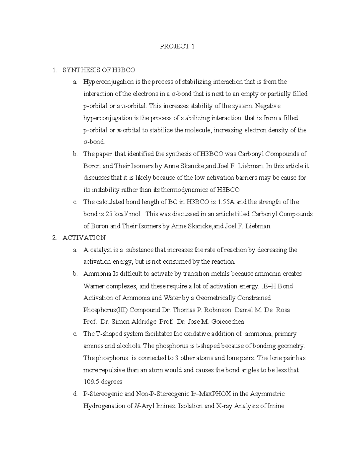 Project 1SB - PROJECT 1 1. SYNTHESIS OF H3BCO a. Hyperconjugation is ...