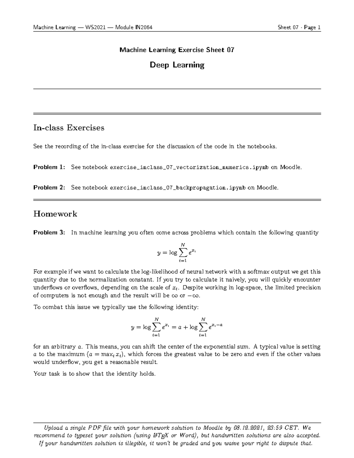 Exercise 07 deep learning - Machine Learning — WS2021 — Module IN2064 Sheet 07·Page 1 Machine ...