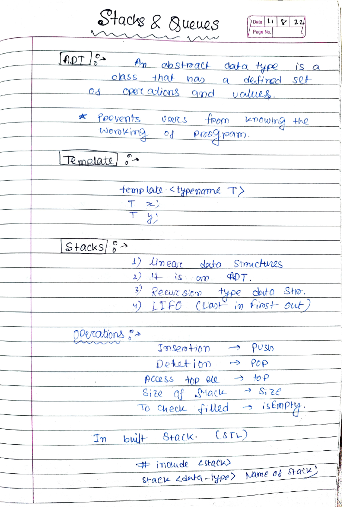 Stack & Queue Notes - Stacks & Queues 2 Page No. APT f obstoactdota ...