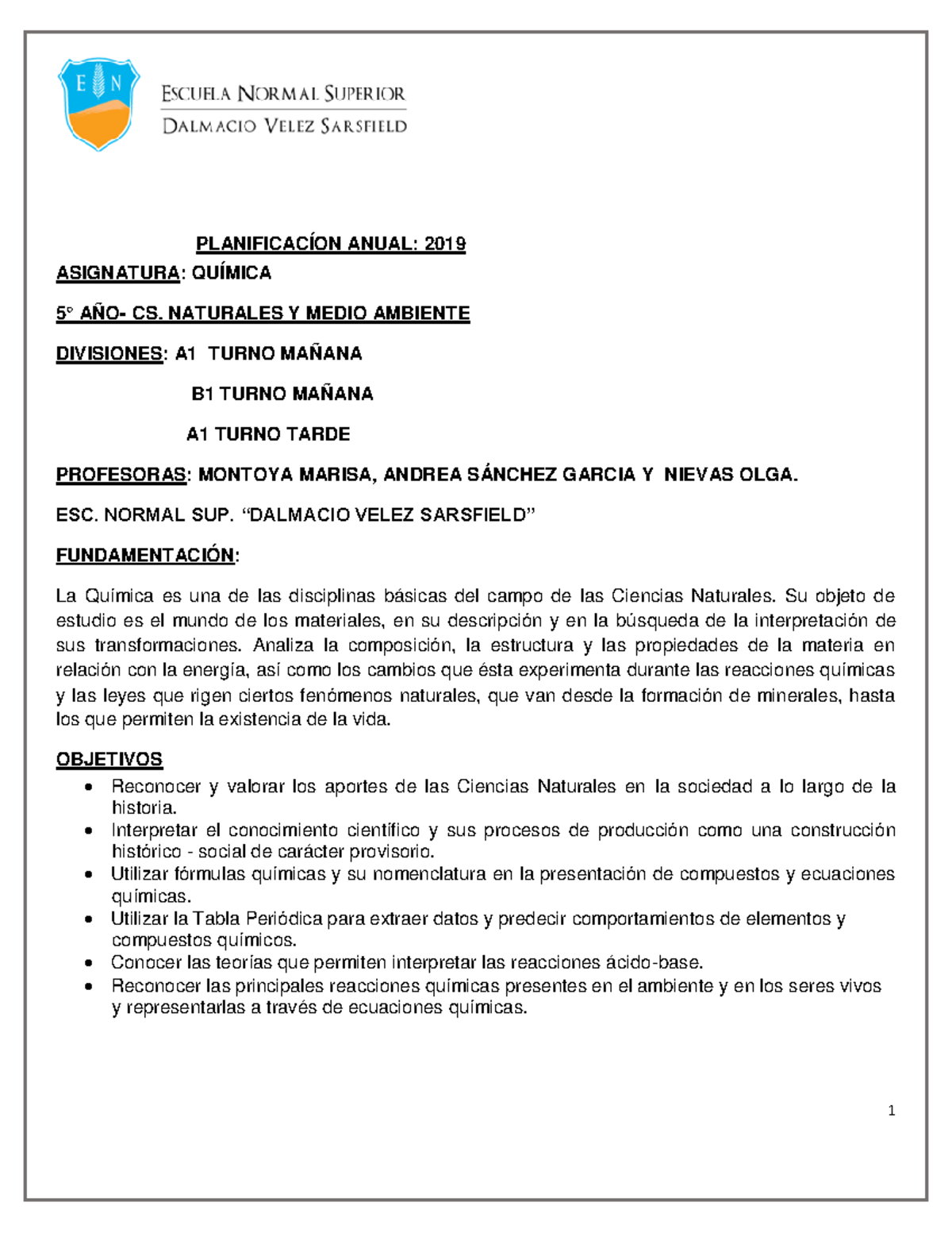 Química 5to ciclo - PLANIFICACÍON ANUAL: 2019 ASIGNATURA: QUÍMICA 5 ...