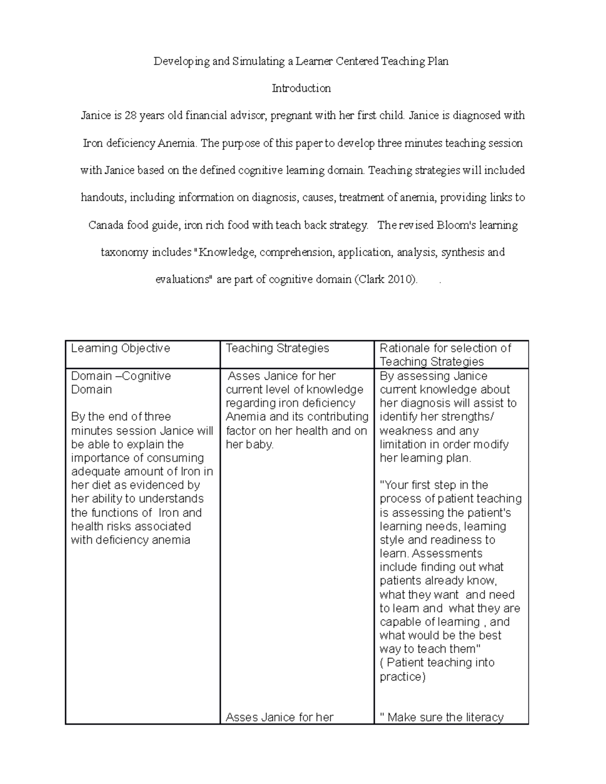Developing and Simulating a Learner Centered Teaching Plan - Developing and Simulating a Learner ...