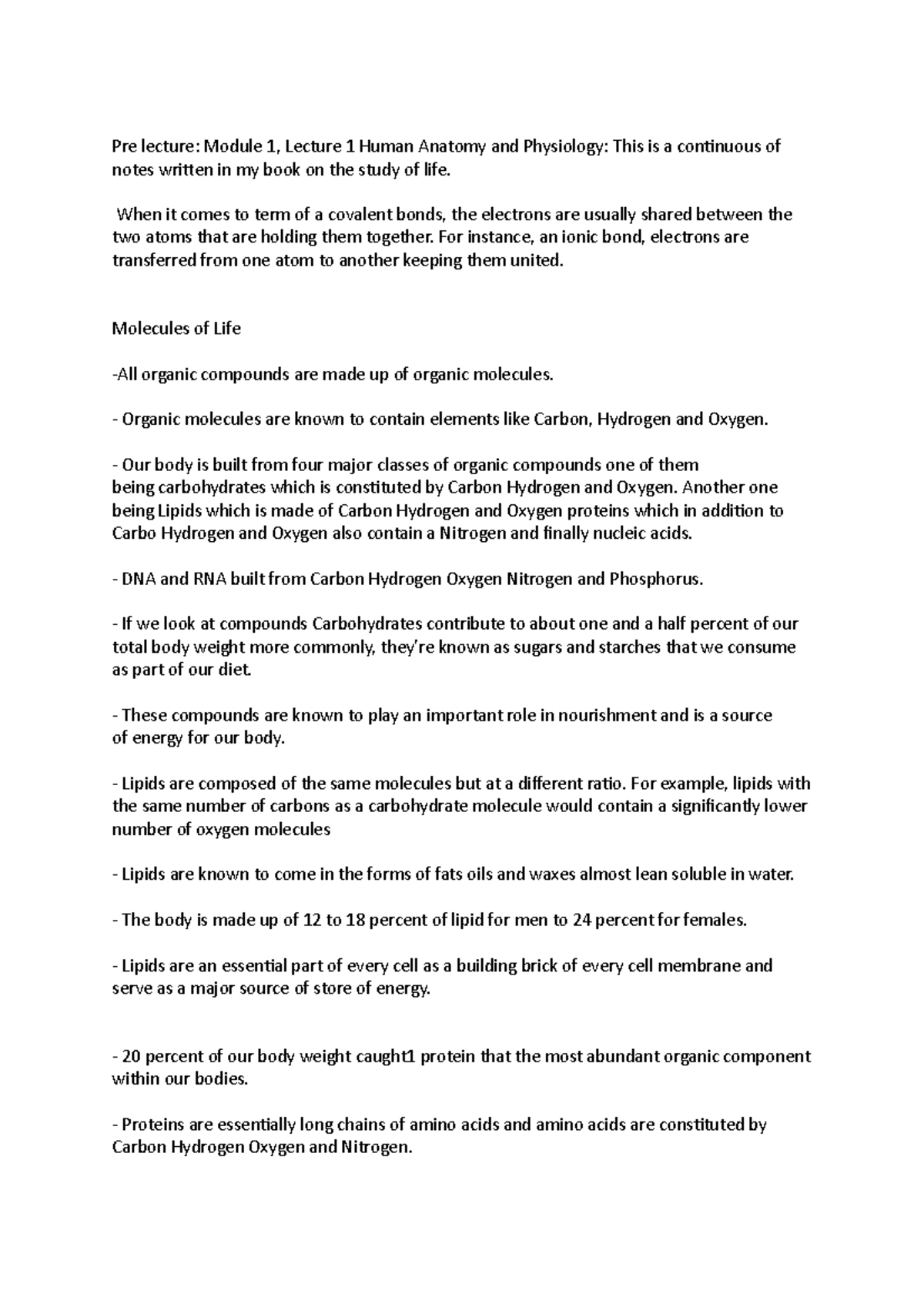 Pre lecture notes - Pre lecture: Module 1, Lecture 1 Human Anatomy and ...