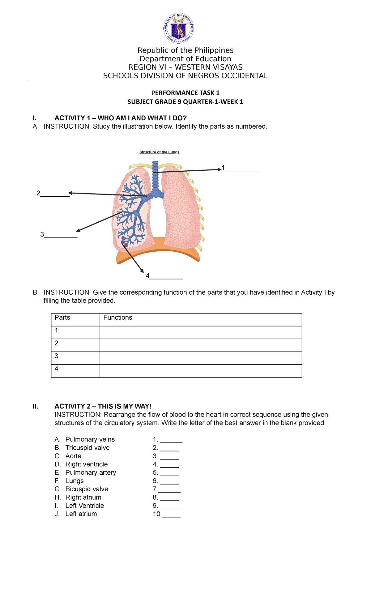 1 Performance Task Science 9 Q1 - Republic of the Philippines ...