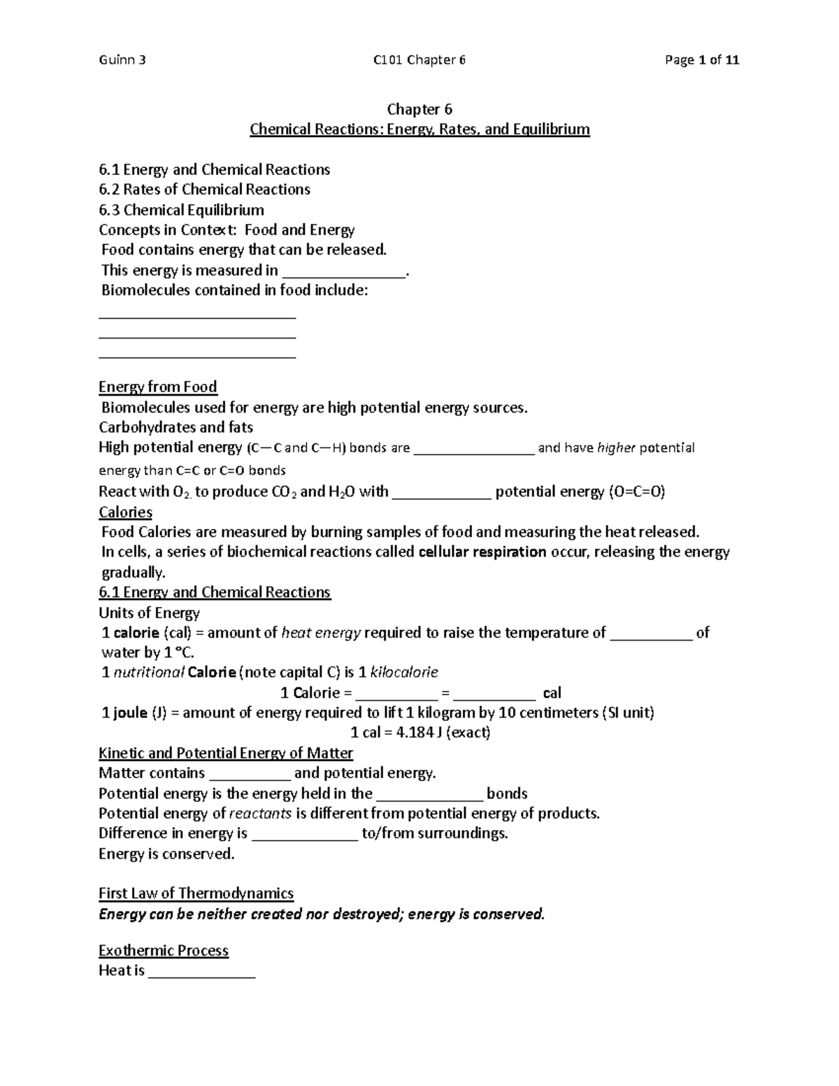 Chapter 6 Notes Chemical Reactions Fall 2022 - Chapter 6 Chemical ...