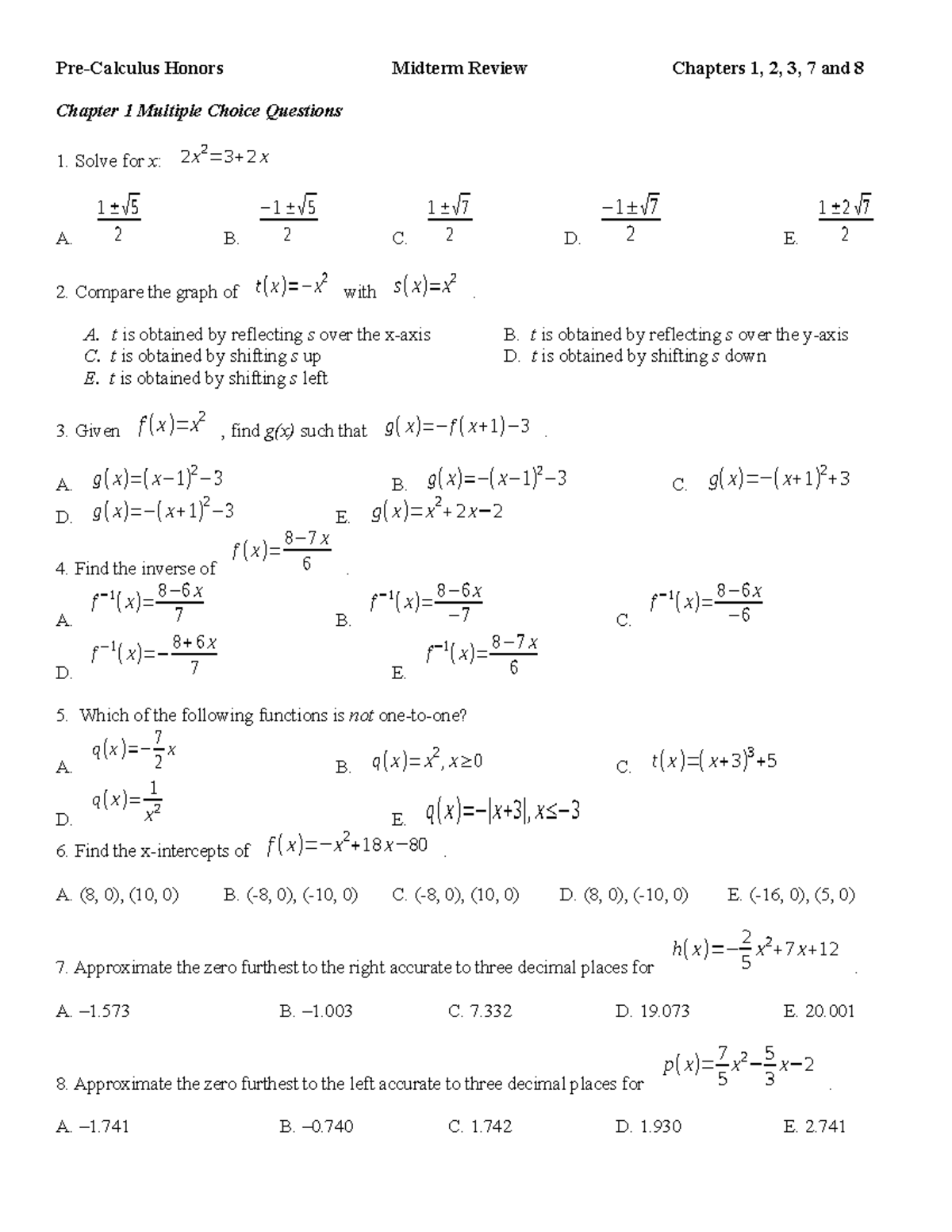 Midterm review questions 2013 - Pre-Calculus Honors Midterm Review ...