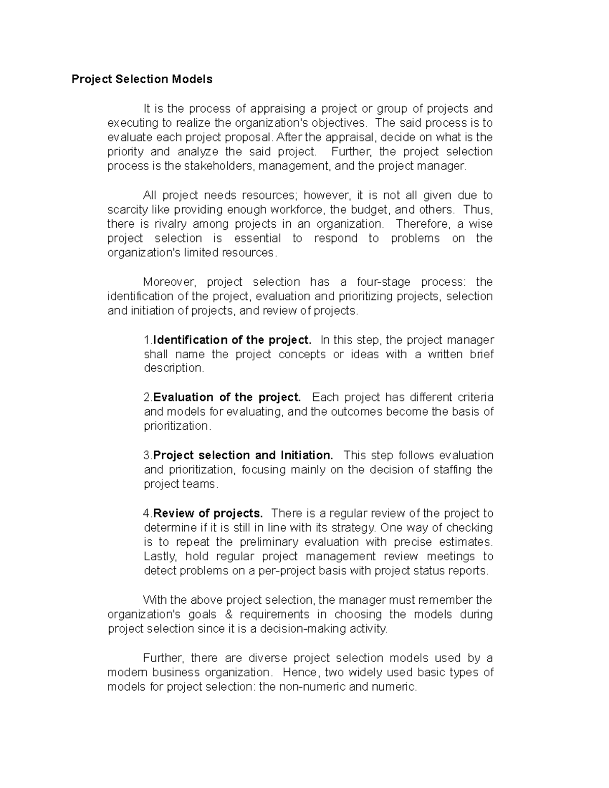 Project Management- Lecture Notes-7 - Project Selection Models It is ...