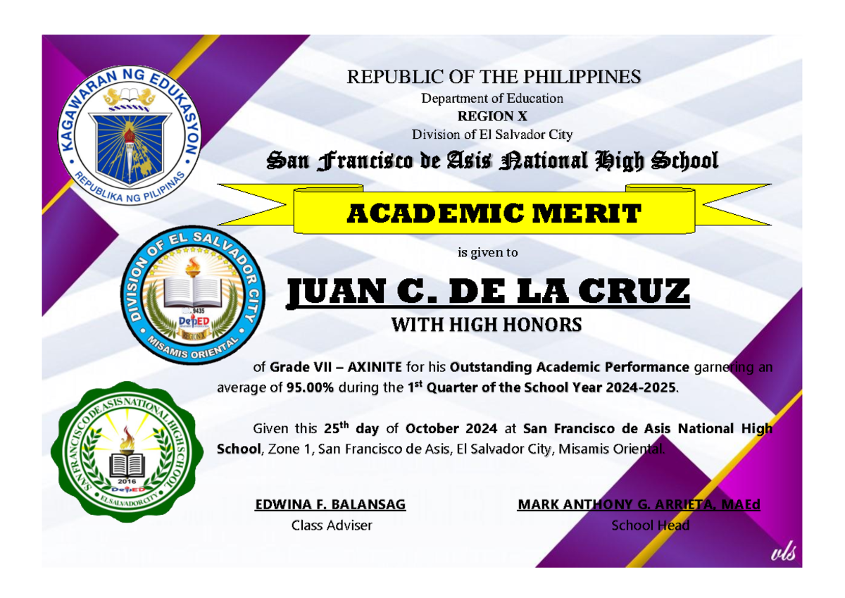 Certificate of Recognition 1st Quarter SY 2024 2025 - Department of ...