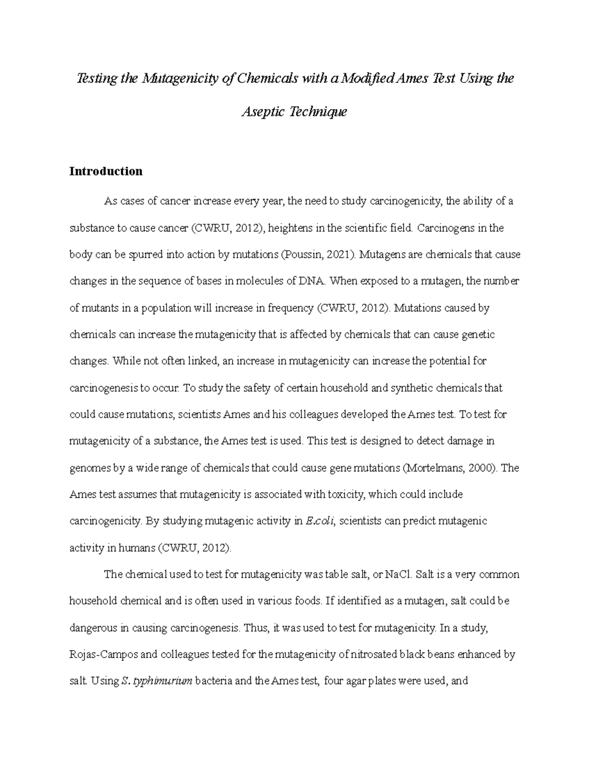 Ames Intro and Methods - Testing the Mutagenicity of Chemicals with a ...