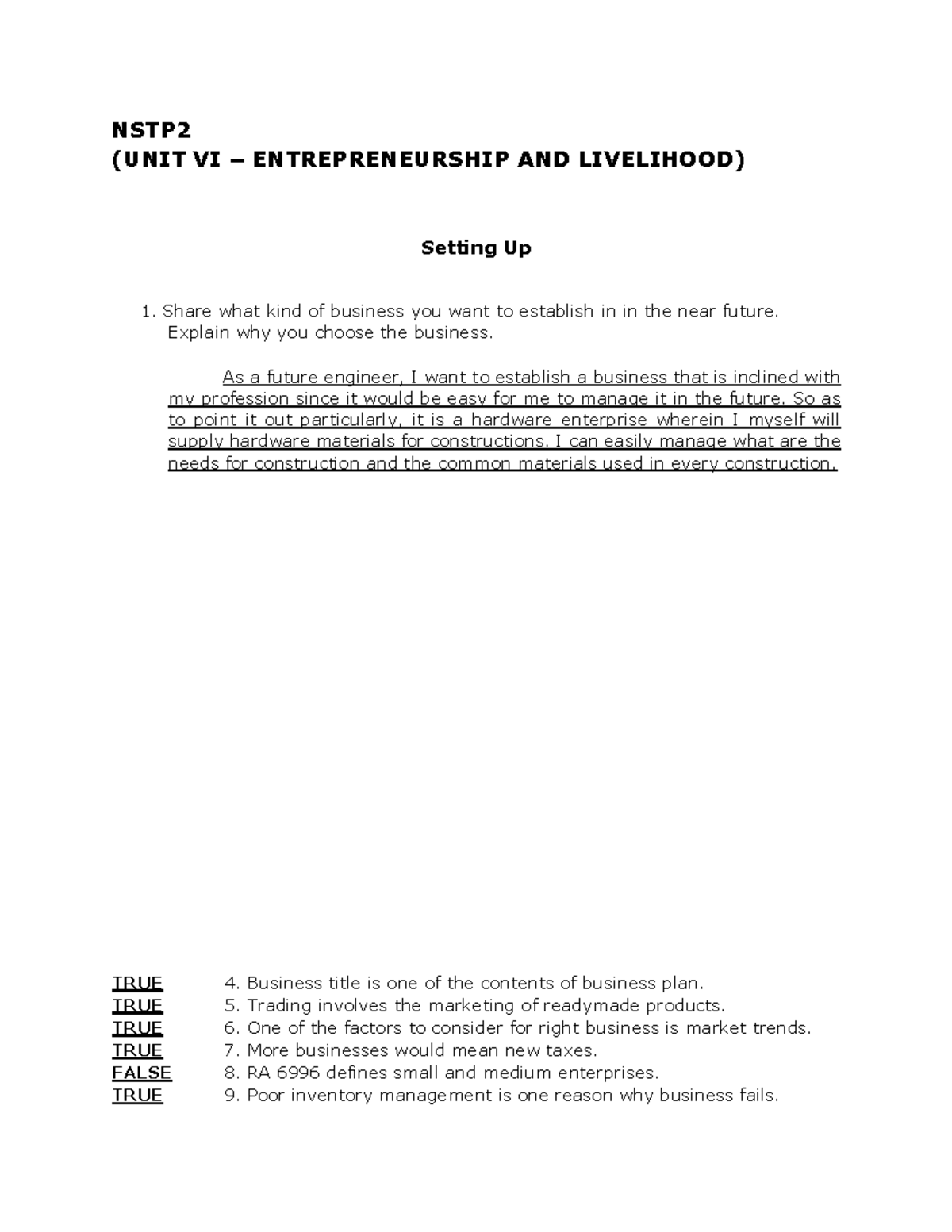 NSTP2UNIT6 - UNIT 6 Setting Up- NSTP (NATIONAL SERVICE TRAINING PROGRAM ...