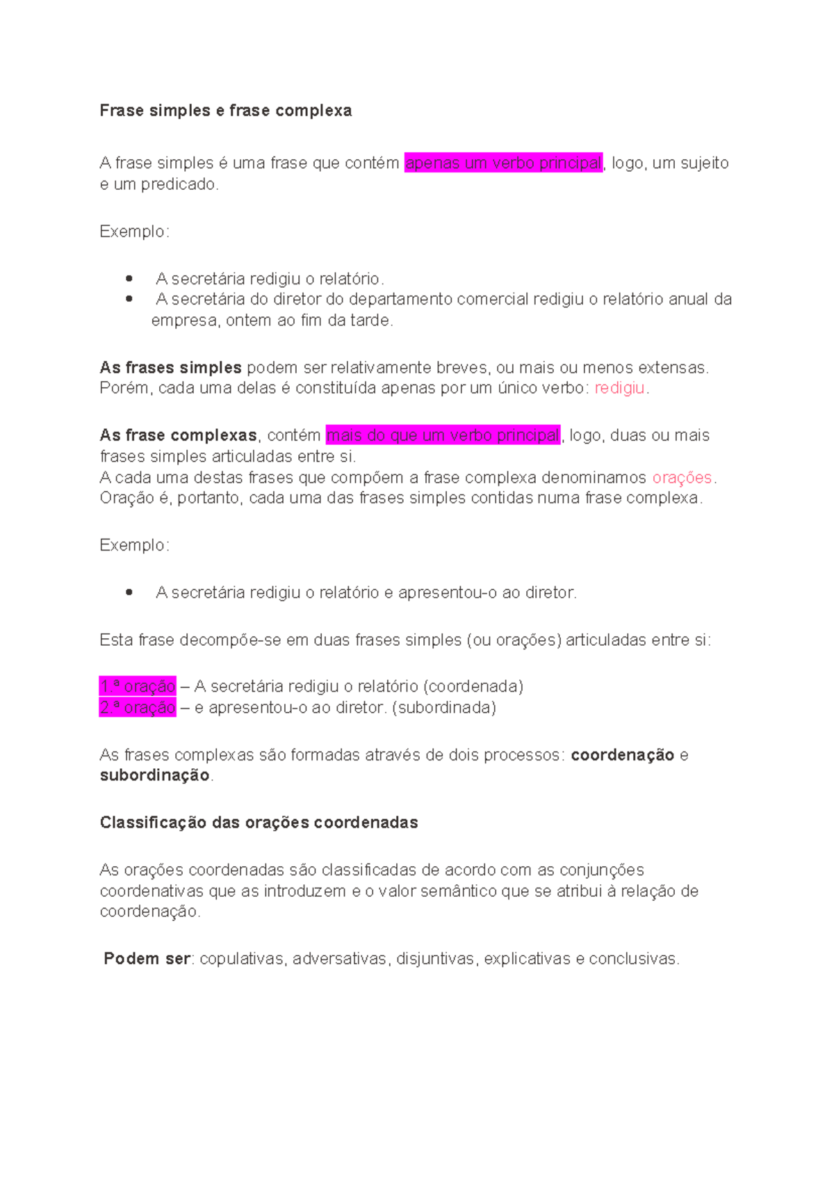 Orações coordenadas e subordinadas - Frase simples e frase complexa A ...