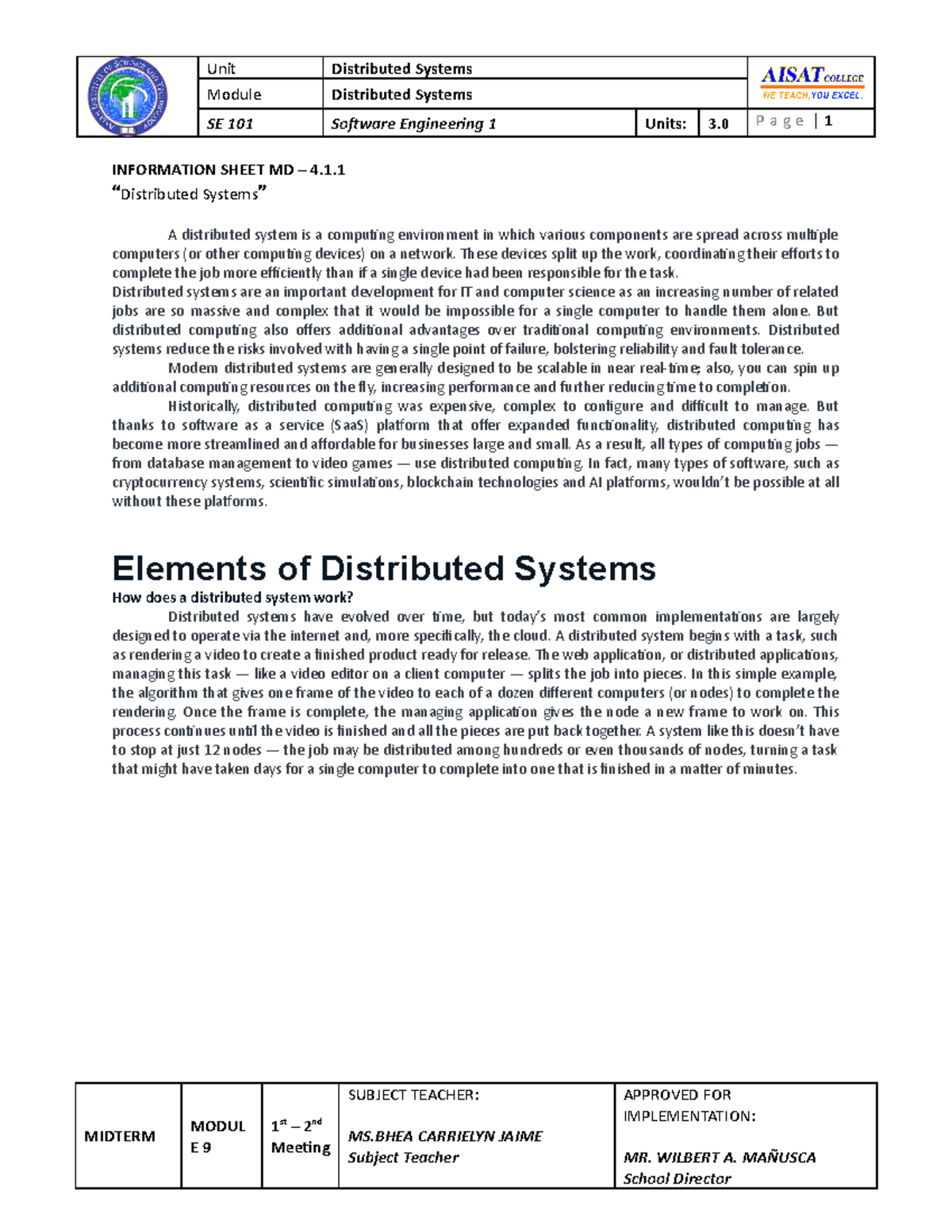 BBJ Module 9-SE-101 - asdadas - Module Distributed Systems SE 101 ...