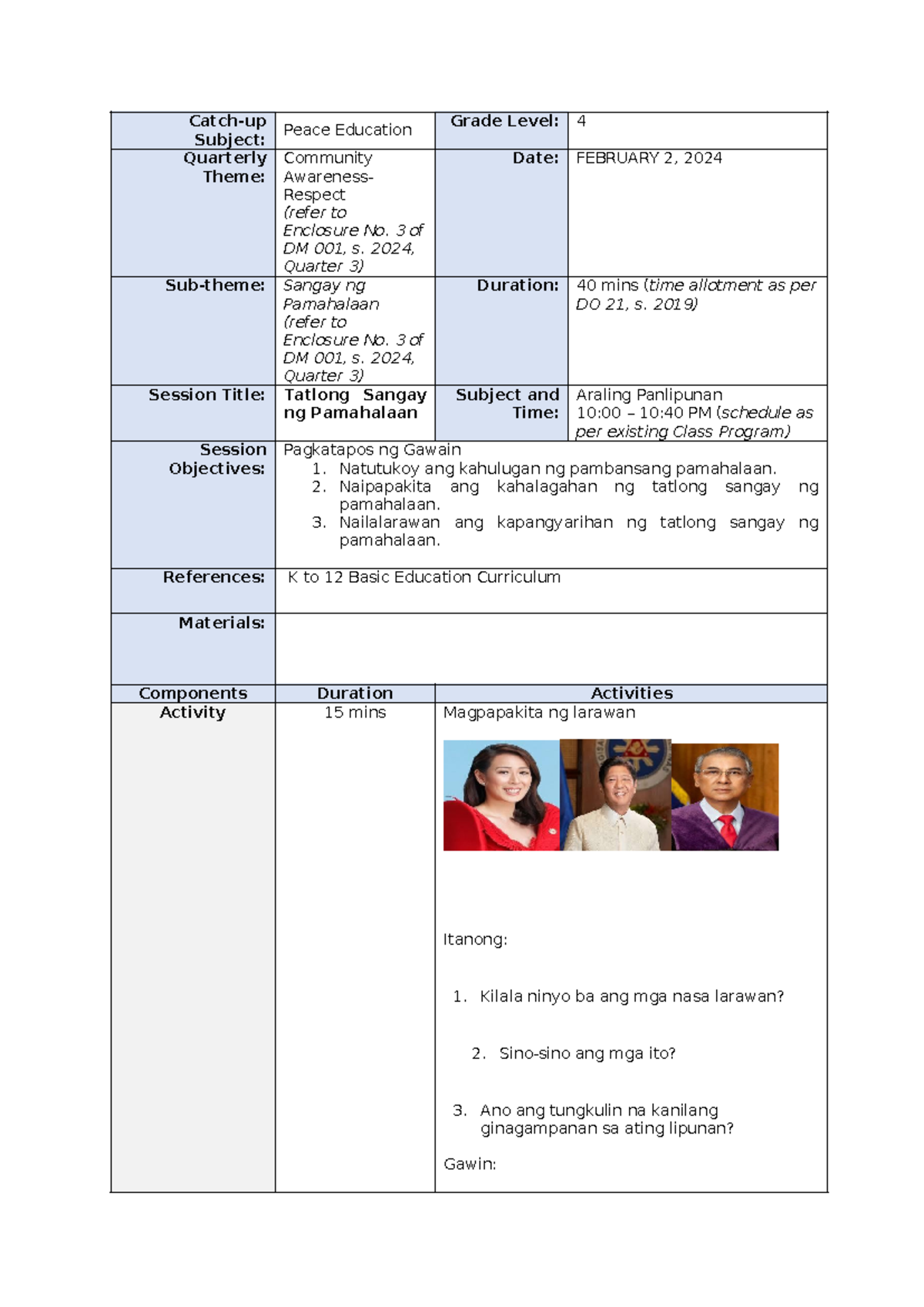 Grade 4- Catch UP PLAN-WEEK 1 - Catch-up Subject: Peace Education Grade ...