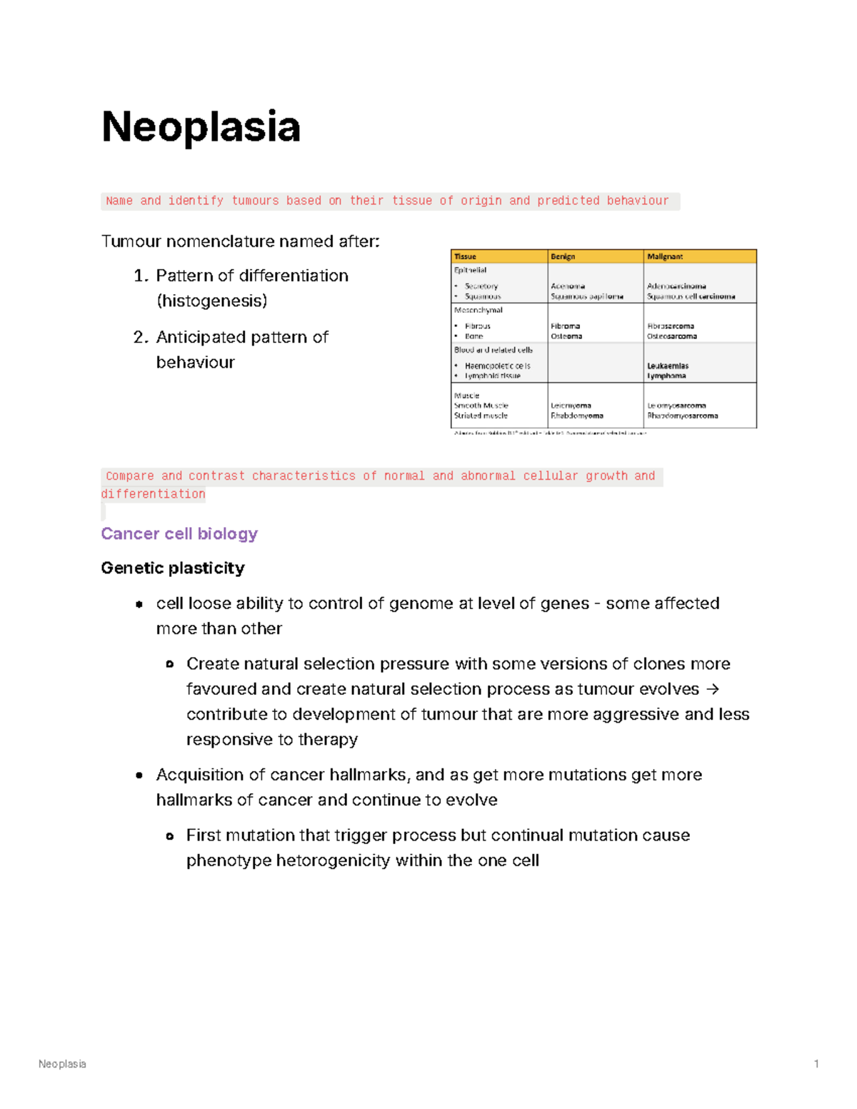 Neoplasia Lecture 2 notes summary - Neoplasia Name and identify tumours ...