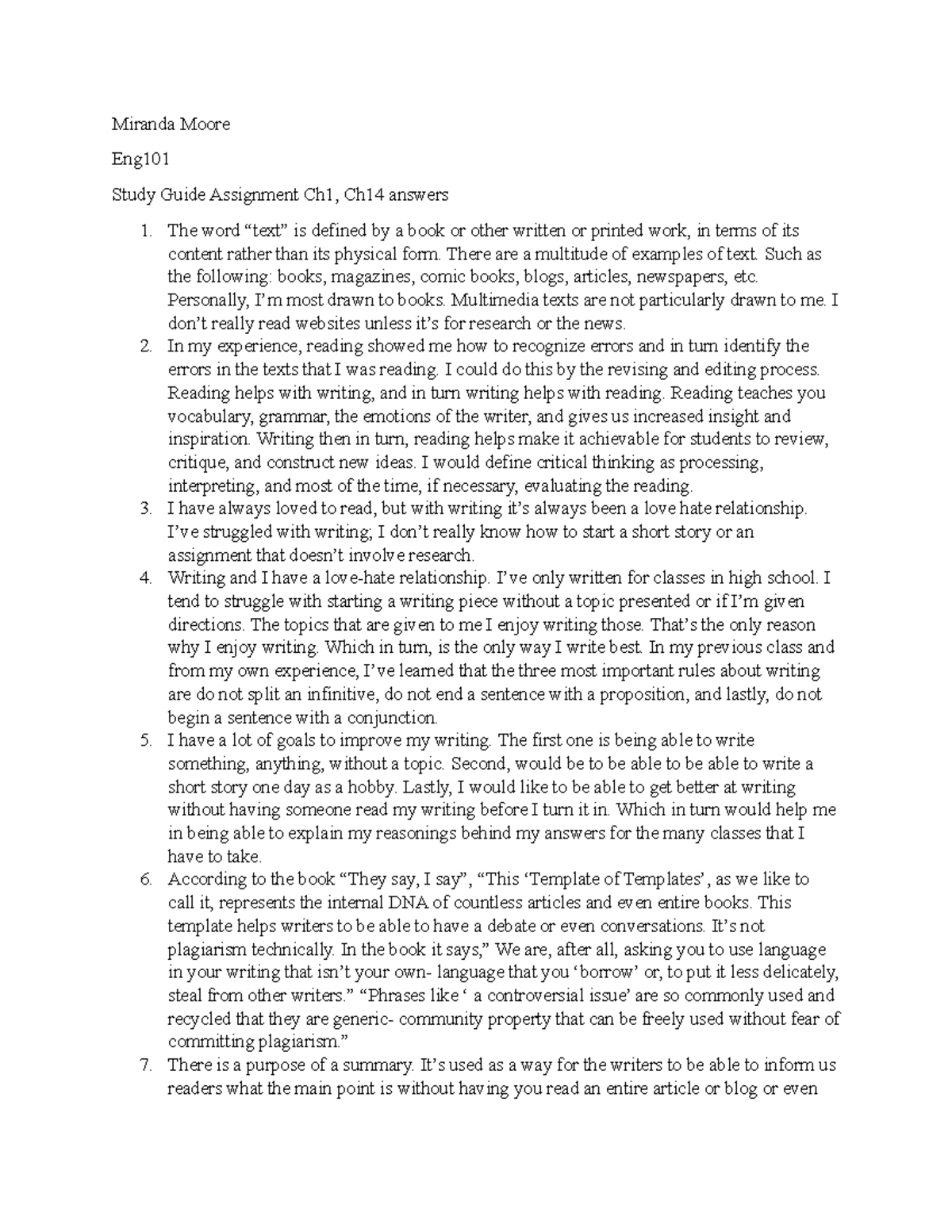 Eng 101 Study guide assignment - Miranda Moore Eng Study Guide ...