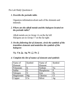 Pre Lab 4 - Chem 124A LAB - Pre-Lab Study Questions 4 What is the ...